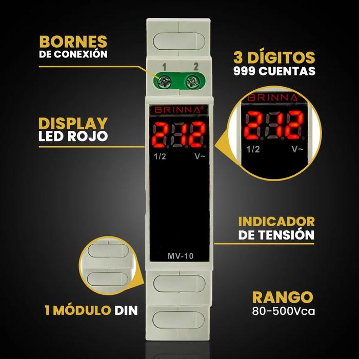 Todoferreteria - Voltímetro Digital para Riel Din Monofásico Brinna MV-10